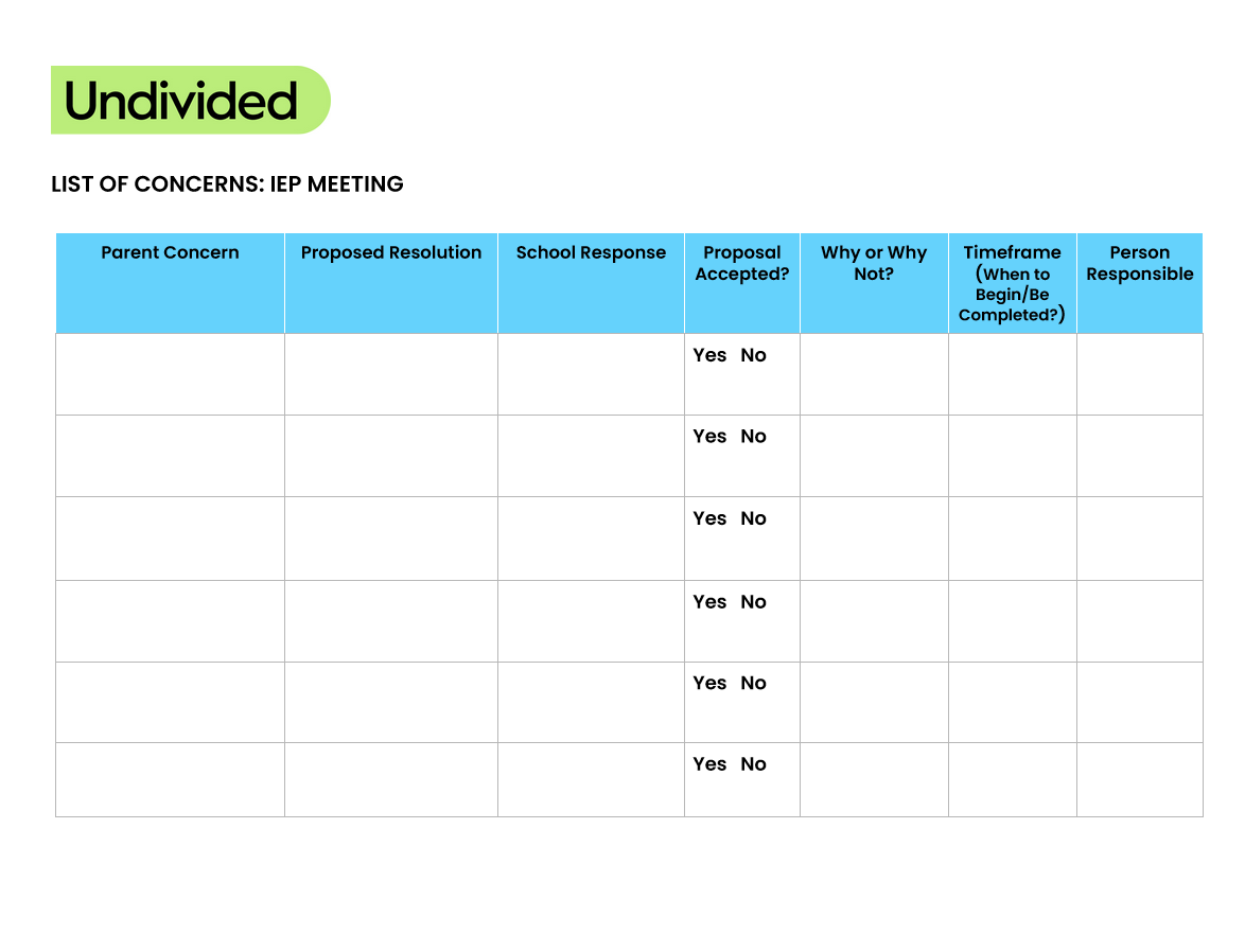 List of Parent Concerns Template