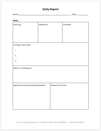 Template Daily Teacher Report for Special Education