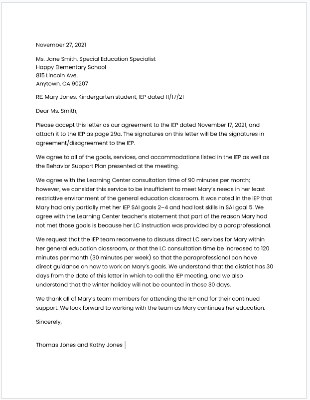 Disagree with IEP Letter Template