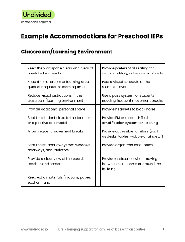 Preschool 504 and IEP Accommodations Examples