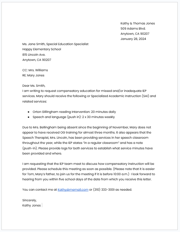 Compensatory Education Request Template
